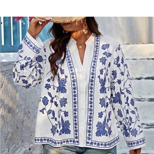 Tops | Boho Plus Size Floral Print Top Blouse Button Down Shirt White ...